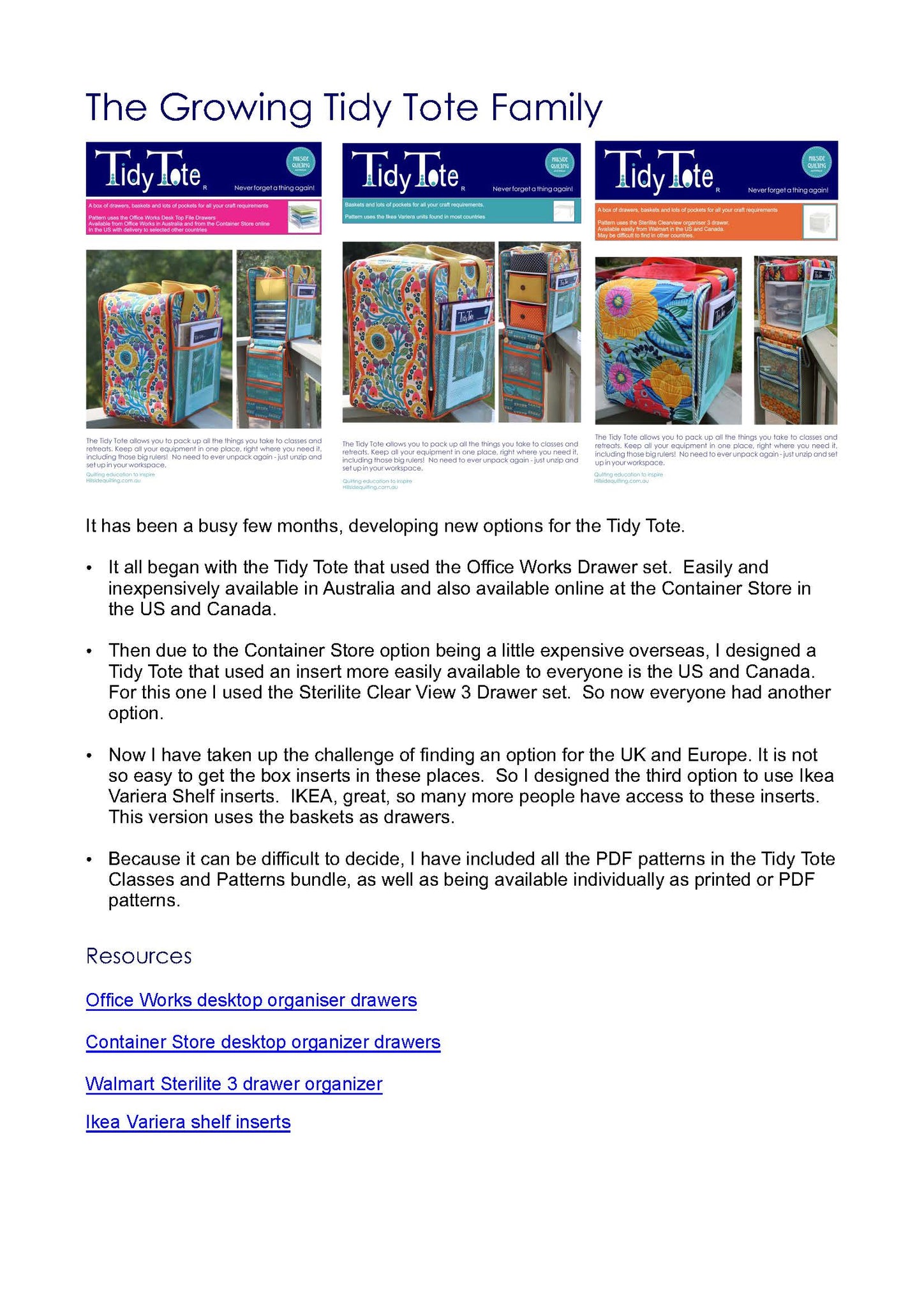 Tidy Tote ONLINE CLASSES with bundled PDF patterns in all options and – Hillside Quilting